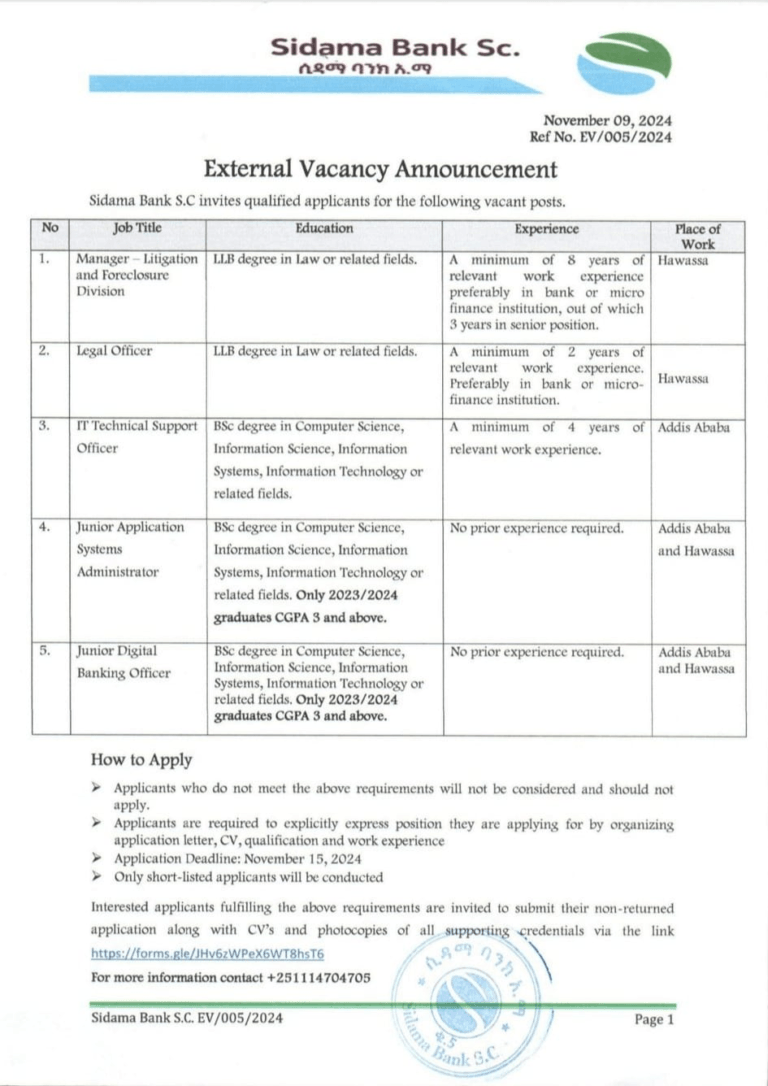 Sidama Bank Vacancy – 2024 - Dailyjobsethiopia.com